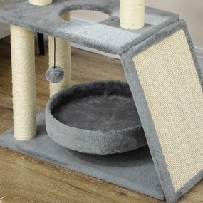 PawHut Kočičí škrabadlo s kočičím stromem 76cm výška se 4 škrabacími sloupky a U-čelní platformou, škrabací podložkou a závěsnými kuličkami, Světlá š…