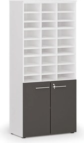 Třídicí regál s dveřmi PRIMO WHITE, 800 x 420 x 1781 mm, 27 přihrádek, bílá / grafitová