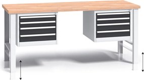 Výškově nastavitelný pracovní stůl do dílny G3 se 2 závěsnými boxy na nářadí, buková spárovka, 8 zásuvek, 2000 x 685 x 840 - 1050 mm, grafit