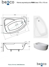 BESCO Asymetrická vana RIMA Nožičky k vaně - S nožičkami, Rozměr vany - 170 × 110 cm, Způsob provedení - Levé VANRIM170L+OLVPINOZSTELWD