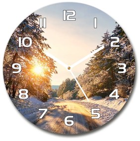 Wallmuralia Skleněné hodiny na stěnu Cesta v lese zima fi 30 cm