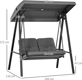 Outsunny Hollywood swing 2místná zahradní houpačka s nastavitelnou střechou, polštáře, houpací lavice s nosností až 220 kg, pro zahradu, balkon, tmav…