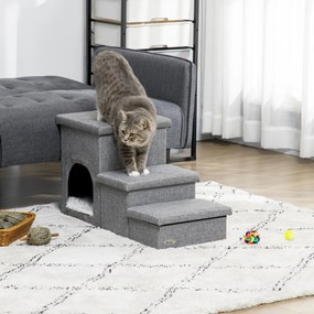 PawHut Psí Schody 3 Kroků Výška 40,5 cm Štěrbinové Schody s Úložným Prostorem a Polštářem pro Kočky pro Malé Psy Psí Rampy s Pratelným Povlakem pro P…