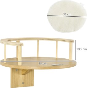 PawHut pelíšek pro kočky k montáži na stěnu Lehátko pro kočky s ochranným okrajem a polštářem, dub+krémově bílá, Ø34x10,5 cm| Aosom