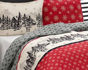 Matějovský povlečení CAROL, vánoční sněhové vločky, červeno-šedé, krep, 140x200cm + 70x90cm