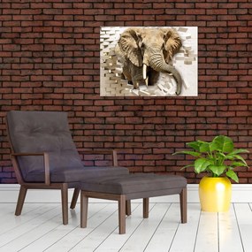 Skleněný obraz - Slon prorážející zeď (70x50 cm)