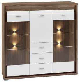 Casarredo - Komfort nábytek Komoda s vitrínou NATANS široká s LED osvětlením, ořech/bílá lesk