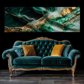 Obraz na plátně - Emeraldové pozlacené vlnky FeelHappy.cz Velikost obrazu: 180 x 60 cm