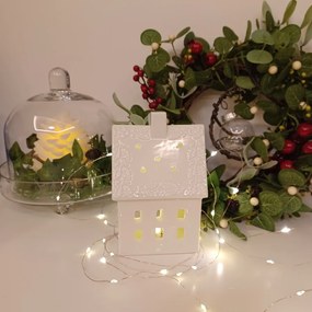 LED dekorace keramický domeček, 8,5 × 6,9 × 12,9 cm, teple bílá, 2× LR44