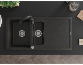 Mexen Andres 1,5-komorový granitový kuchyňský dřez s odkapávačem 100x50 cm a kuchyňská baterie Telma, černá-zlatá, 6515-75-670200-70