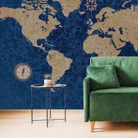 Samolepící tapeta retro mapa s kompasem na modrém pozadí - 225x150 cm