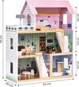 ECOTOYS Třípatrový domeček pro panenky s terasou / od 3 let