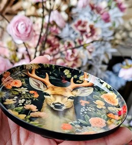 Černý kovový podtácek hlava Jelen s květy - Ø 11*1 cm