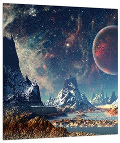 Obraz horské krajiny s planetami (30x30 cm)