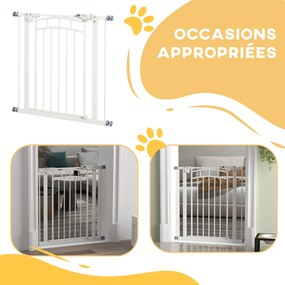 PawHut Rozšiřitelná bezpečnostní brána pro psy 74-80 cm, dvojité zamykání, automatické zavírání, tlaková montáž pro schody, výška 76 cm, bílá