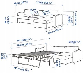 IKEA VIMLE 3-místná rozkládací pohovka s lenoškou, Hallarp šedá
