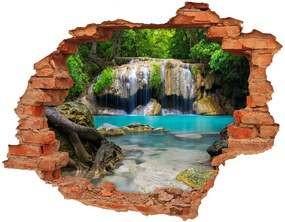 Wallmuralia Díra 3D ve zdi nálepka Vodopád v lese 90x70 cm