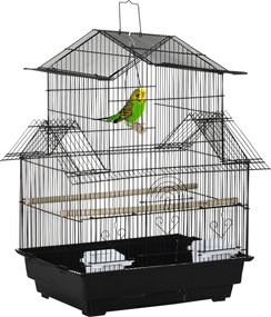 PawHut Ocelová ptákovka s krmítky, bidly, houpačkou a vyjímatelným táckem - Velká ptákovka pro papoušky, kanáry a andulky 50,5x41x63 cm Černá | Aosom