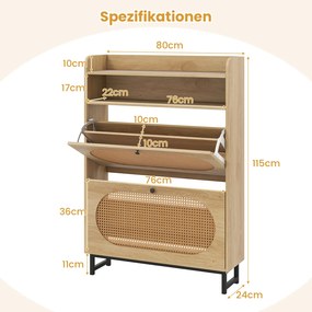 Costway Botník s 2 výklopnými zásuvkami volně stojící botník s ratanovými dvířky