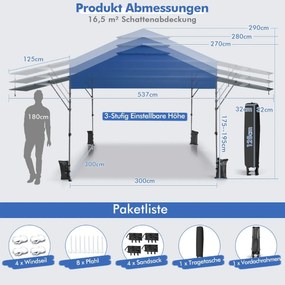 Costway Sun Shade Tent Pop-up Canopy Stan 300 × 537 × 270-290 cm, modrý