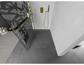 Mexen Kioto+ L, sprchová zástěna Walk-In s poličkou a věšákem 100 x 200 cm, 8mm čiré sklo bílý vzor, ​​zlatý lesklý profil, 800-100-123-50-85