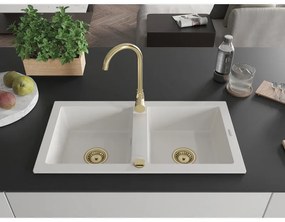 Mexen Mario, granitový dřez 820x436x161 mm, 2-komorový, bílá se zlatým sifonem, 6504822000-20-G
