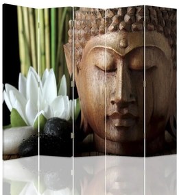 Ozdobný paraván Buddha Bambusové květiny - 180x170 cm, pětidílný, klasický paraván