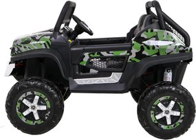 Ramiz Mercedes Benz Unimog elektrické autíčko pro děti maskáčové + pohon 4x4 + dálkové ovládání + nosič zavazadel + pomalý start + rádio MP3 + LED