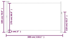 vidaXL Marketos Zatahovací boční markýza 180 x 300 cm šedá