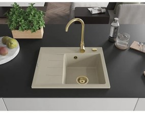 Mexen Ben, 1-komorový granitový dřez 600x500x190 mm, pravý + zlatý sifon, béžová, 6523605000-69-G