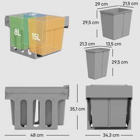HOMCOM vysouvací koš pod dřez — 3 vyjímatelné nádoby 15 l + 8 l + 8 l, světle šedý