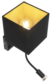 Moderní nástěnná lampa černá s USB a čtvercovým černým stínítkem - Zeno