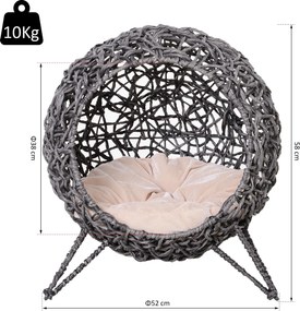 PawHut ratanový domeček pro kočky Elegantní kočičí jeskyně s polštářem, vyvýšené nohy, stříbrně šedá, Ø52x58cm| Aosom