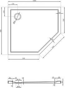 Mexen Flow Slim, levostranná pětiúhelníková sprchová vanička 100 x 80 cm, bílá lesklá, 46P108010L