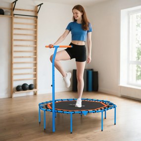 Fitness trampolína, tréninková trampolína s nastavitelnou rukojetí, stabilní a tichá, pro interiér, ocel, modrá barva