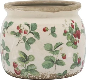 Krémový antik keramický obal na květináč s jahůdkami Fraises - Ø 15*13 cm