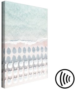 Obraz Bílé slunečníky a lehátka na pláži - pastelová krajina z ptačí perspektivy