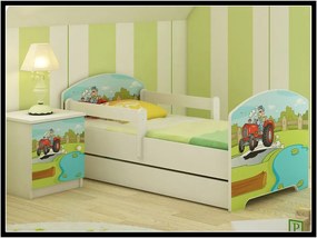 Dětská postel Oskar Traktor 140x70 cm - Bílá - 1x krátká + 1x dlouhá zábrana se šuplíkem