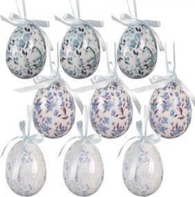9ks dekorace bílo-modré závěsné vajíčko s květy Spring Egg - Ø 5*8 cm