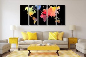 5-dílný obraz mapa světa v akvarelový provedení na černém pozadí - 200x100 cm