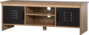HOMCOM 43" Televizní Stojan v Průmyslovém Designu s 2 Skříňkami, 2 Nikami, 2 Otvory na Kabely, Dřevěným Povrchem a Černými Kovovými Dveřmi