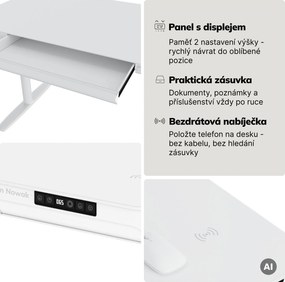 Elektrický psací stůl sit-stand se zásuvkou a bezdrátovou nabíječkou Qi bílý, 1200 mm: ELLIS