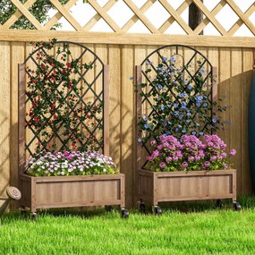 Outsunny 2-dílná sada vyvýšených záhonů s kolečky, treláž, dřevěný květináč pro espaliér, zahradní treláž 52x25x97cm pro balkon a terasu, květináč pr…