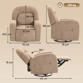 HOMCOM relaxační křeslo s plyšovým potahem – 360° otočné, houpací, sklápěcí do 135°, khaki
