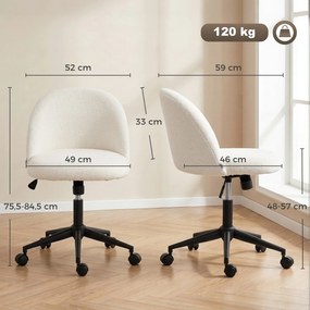 HOMCOM polohovatelné kancelářské křeslo s teddy fleece, otočné kolečka, náklon – nosnost 120 kg, křeslo ke toaletnímu stolku/do ložnice – krémové
