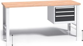 Výškově nastavitelný pracovní stůl do dílny G3 se závěsným boxem na nářadí, buková spárovka, 3 zásuvky, 1700 x 685 x 840 - 1050 mm, grafit