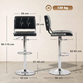 HOMCOM sada 2 barových židlí, výškově nastavitelná, otáčecí o 360°, polstrovaný sedák, opěradlo a opěrka nohou, černá