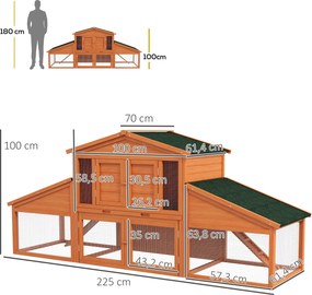 PawHut Králičí Klec XXL 2 Úrovně 2 Zásuvky na Kakaovec 2,25D x 0,70Š x 1V m Z pevného borovicového dřeva