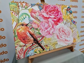 Obraz vintage ptáček s květinami - 60x40 cm