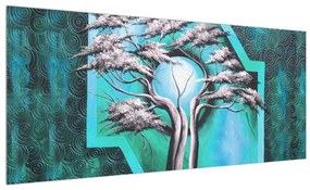 Orientální modrý obraz stromu a slunce (100x40 cm)
